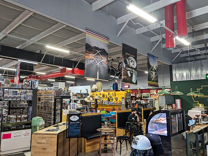 The red and white fa&ccedil;ade of Family Indoor Flea Market stands like a beacon for treasure hunters. Bargain paradise awaits behind those doors!