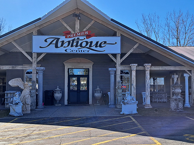 The rustic charm of Antique World's main building beckons treasure hunters like a siren call to bargain-seeking sailors.