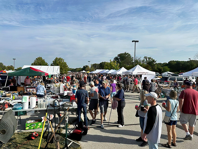 The church spire watches over treasure hunters as they navigate rows of potential finds. St. Gabriel's blends spiritual backdrop with spirited bargain-hunting.
