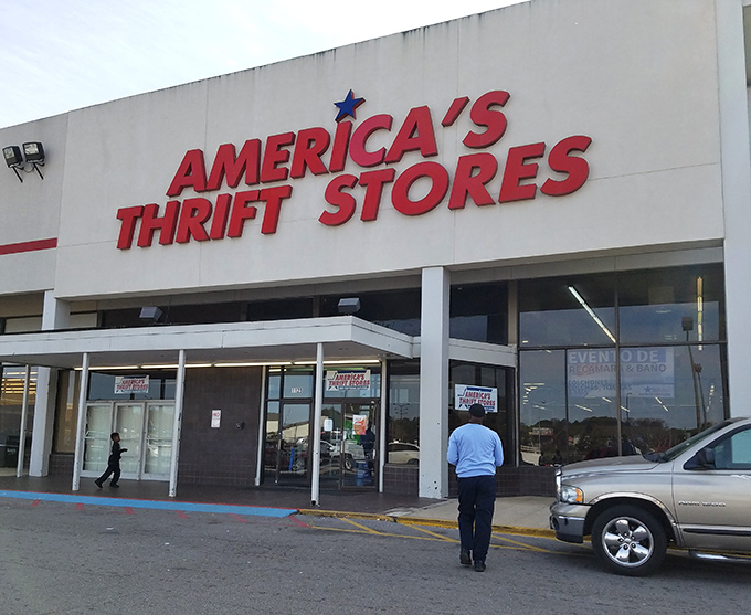 The bright blue storefront beckons like a beacon of bargain possibilities, promising treasures behind those sliding doors.