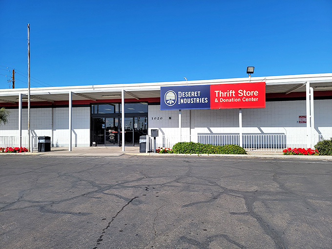 The unassuming exterior hides a bargain hunter's paradise. Those colorful pennant flags are basically saying "Treasures ahead!" in thrift-speak.