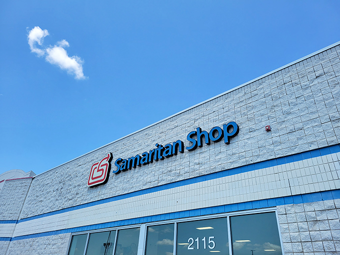 The blue sky seems to be celebrating the Samaritan Shop's existence just as much as bargain hunters do. A thrifter's paradise awaits.