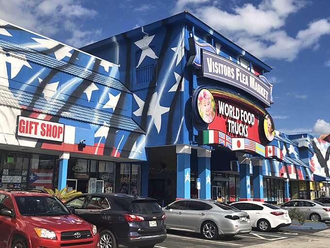 The patriotic explosion of red, white, and blue makes this building look like Captain America decided to open a shopping emporium in Kissimmee.