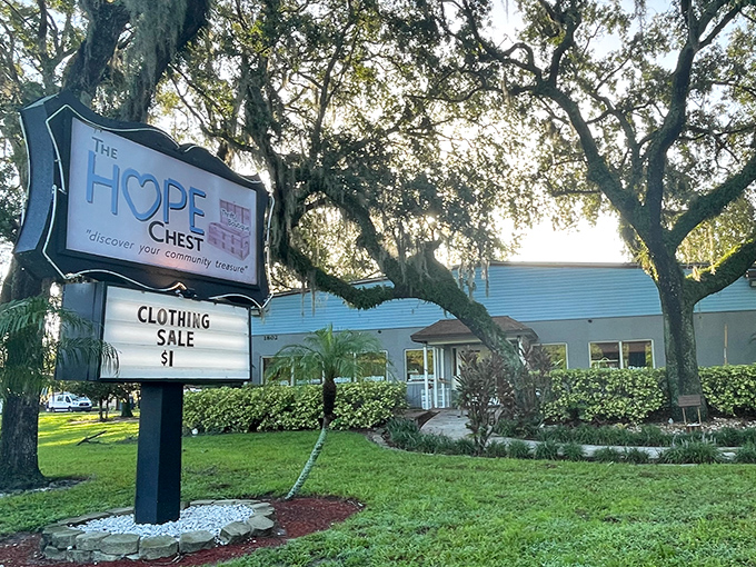 The HOPE Chest welcomes bargain hunters with its cheerful red exterior and Spanish moss-draped oaks, like Florida's version of retail therapy paradise.