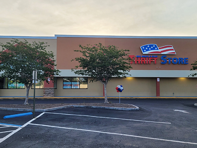 The patriotic facade of Red White and Blue Thrift Store stands proudly against the Tampa sky, a beacon for bargain hunters with its unmistakable red, white, and blue signage.