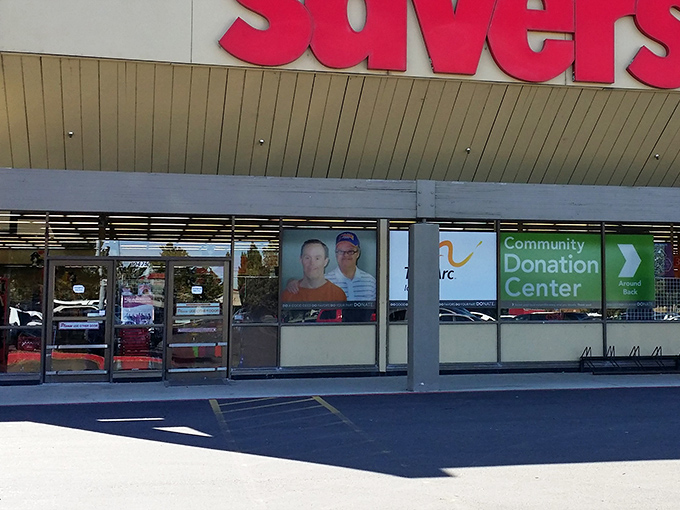 The thrill of the hunt begins at this unassuming storefront, where those iconic red carts await their destiny as treasure vessels.