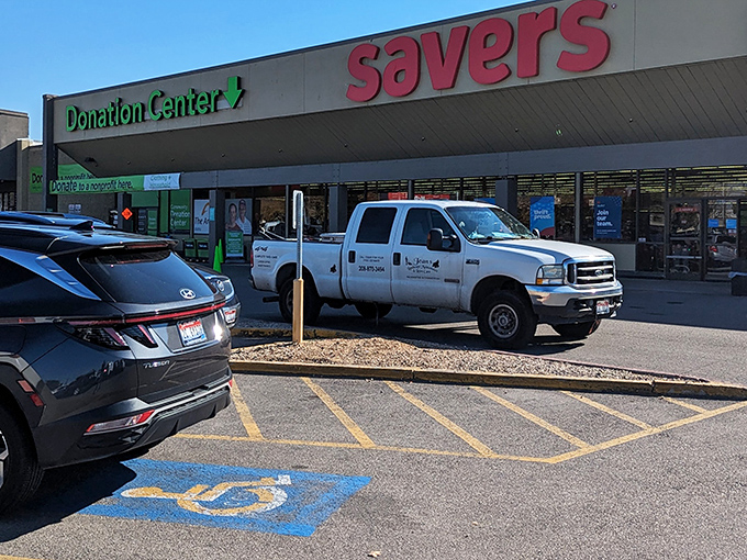 The thrill of the hunt begins at this unassuming storefront, where those iconic red carts await their destiny as treasure vessels.