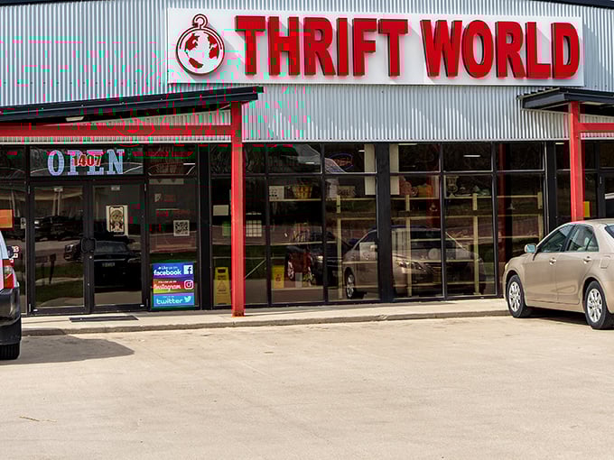 The unassuming exterior of Thrift World belies the treasure trove within. Like a Vegas casino, what happens inside defies all retail logic.