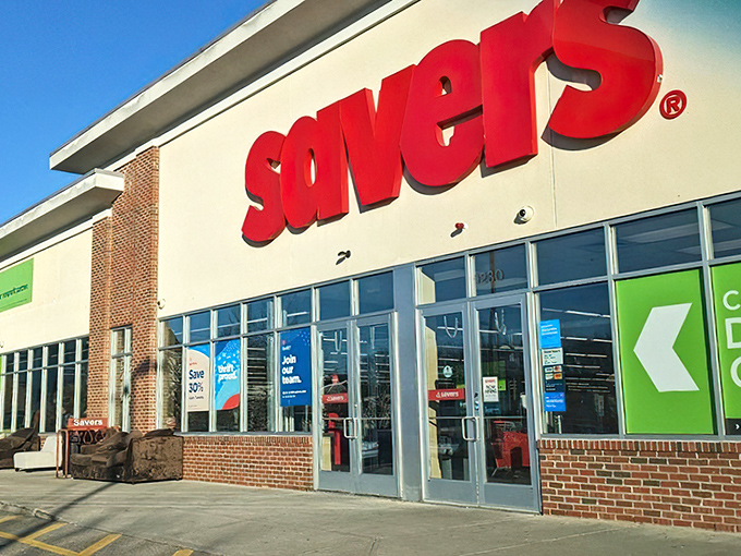 The unassuming entrance to bargain paradise. Behind these doors, retail therapy costs less than actual therapy.