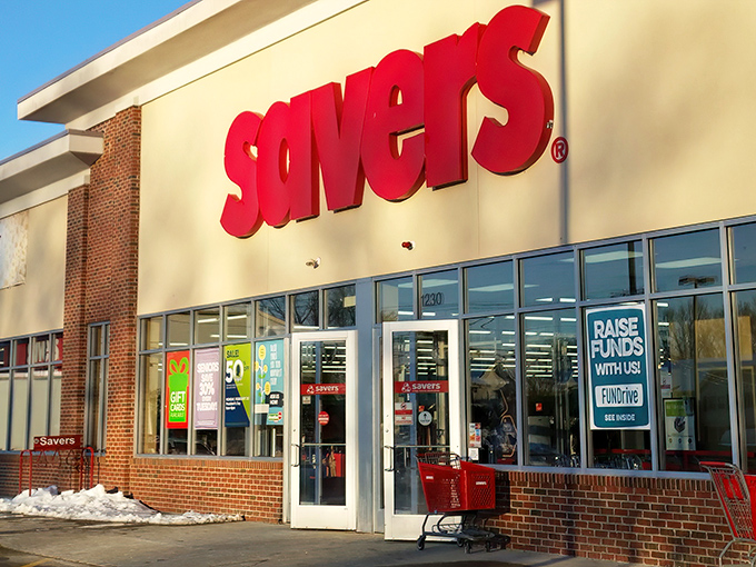 The unassuming entrance to bargain paradise. Behind these doors, retail therapy costs less than actual therapy.