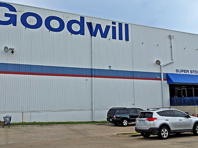 The unassuming exterior of Oklahoma City's Goodwill Outlet Store - where bargain hunters find treasures by the pound and wallets breathe sighs of relief.