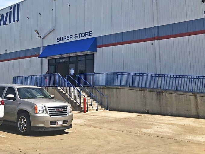 The unassuming exterior of Oklahoma City's Goodwill Outlet Store - where bargain hunters find treasures by the pound and wallets breathe sighs of relief.