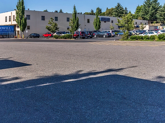 The unassuming exterior of bargain paradise. Like a treasure chest, it's what's inside that counts at this Goodwill Outlet Store in Milwaukie.