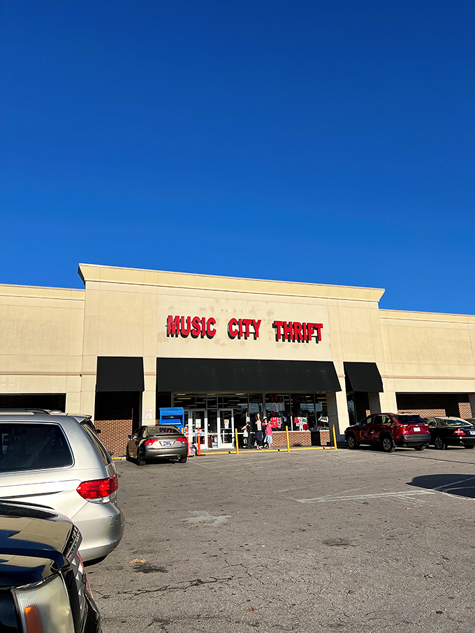The bright red lettering of Music City Thrift stands out against the beige building like a beacon calling to treasure hunters across Nashville.