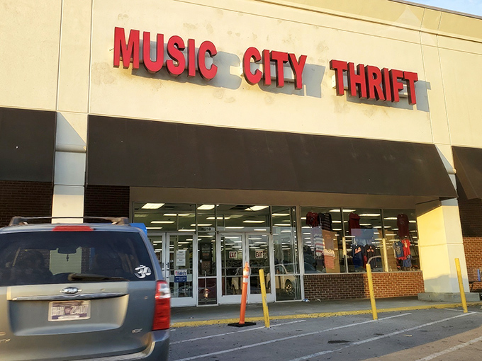 The red block letters beckon like a siren song to bargain hunters. Welcome to Music City Thrift, where Nashville's fashion treasures await discovery.