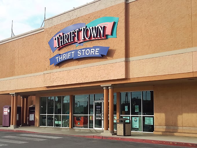 The unassuming exterior of Thrift Town belies the wonderland within, like a treasure chest disguised as a shoebox. Bargain magic awaits! 