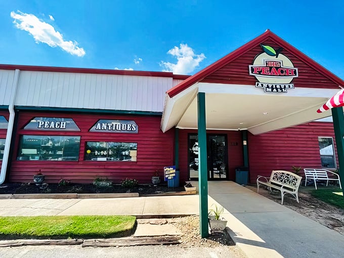 The rustic red exterior of Big Peach Antiques Mall beckons like a siren song to collectors and nostalgia-seekers alike. Treasure hunting starts here!