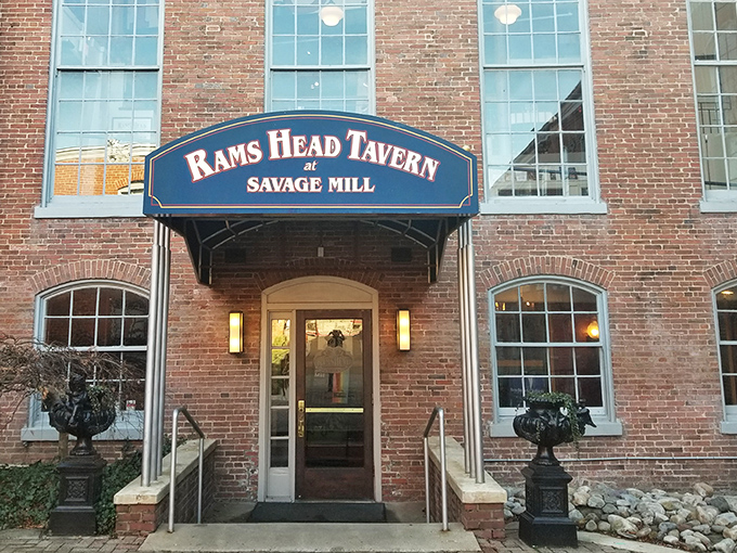 The historic brick fa&ccedil;ade of Rams Head Tavern at Savage Mill welcomes visitors with architectural charm that whispers stories from Maryland's industrial past.