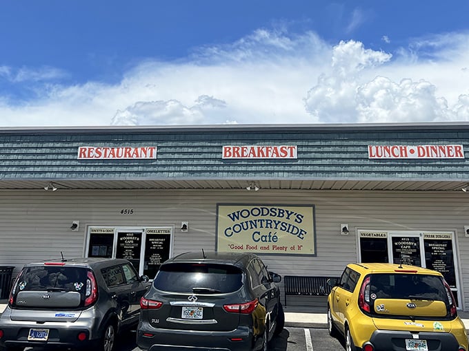 The unassuming exterior of Woodsby's Cafe might not scream "culinary destination," but locals know this blue-roofed treasure holds comfort food gold inside.