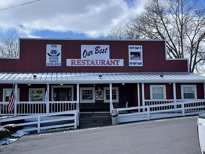 The iconic red exterior of Our Best Restaurant stands as a beacon of comfort food in Smithfield, Kentucky, promising homestyle goodness inside those welcoming doors.