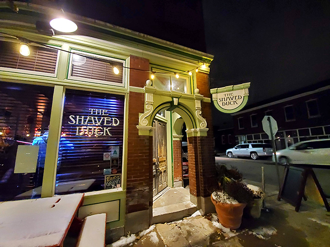 The mint-green trim and classic brick exterior of The Shaved Duck beckons like an old friend with a delicious secret to share.