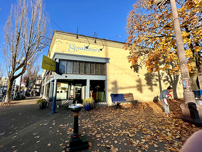 The cheerful blue exterior of Geraldine's Counter brightens up Columbia City's streetscape like a culinary lighthouse guiding hungry travelers home.