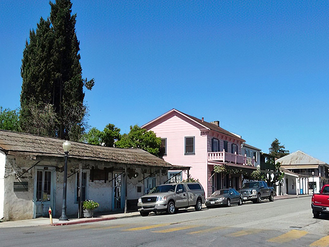 Historic buildings line the plaza like old friends sharing stories across generations of California sunshine.