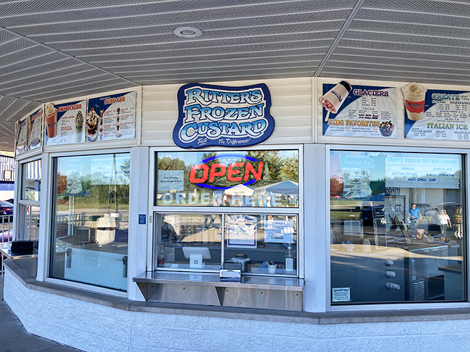 The iconic blue-and-white facade of Ritter's beckons like a frozen oasis in the Indiana summer. Resistance is futile.