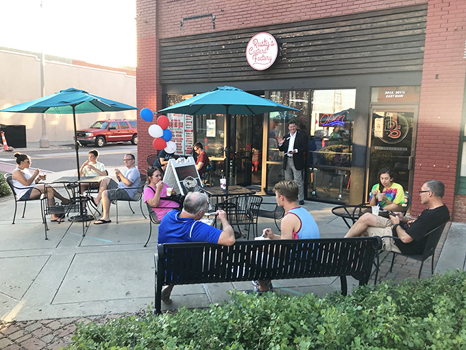 The brick fa&ccedil;ade of The Custard Factory beckons like a sweet siren song, promising frozen bliss on Campus Corner. Those white chairs? Reserved for people with very good life decisions.