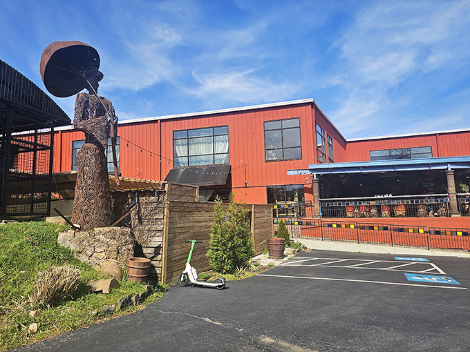 The striking red exterior of No Mas! Cantina beckons like a siren song for hungry souls wandering through Atlanta's Castleberry Hill district.