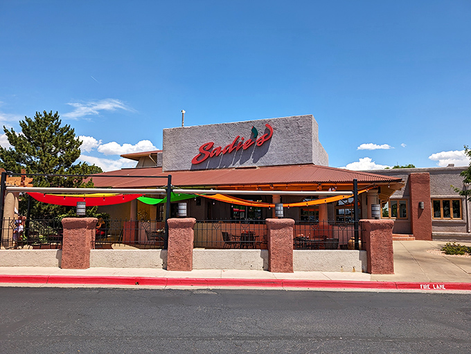 Sadie's iconic adobe-style exterior stands proudly against New Mexico's brilliant blue sky, like a delicious mirage beckoning hungry travelers.