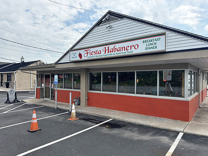 The bright red trim and cheerful signage of Fiesta Habanero welcomes hungry travelers like a colorful oasis in East Greenville's dining landscape.