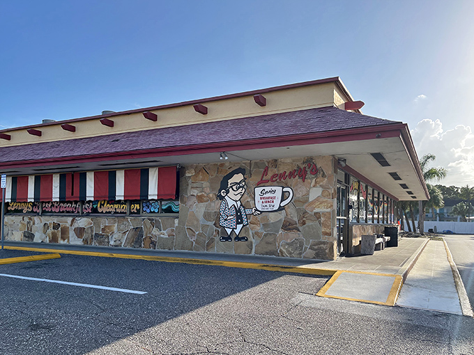 The unassuming exterior of Lenny's Restaurant in Clearwater hides culinary treasures within. That red-trimmed awning might as well be a superhero cape.
