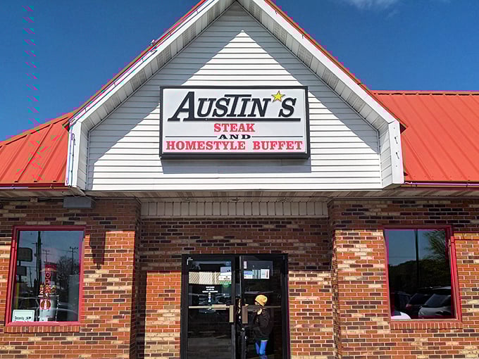 The iconic red-roofed Austin's welcomes hungry travelers with its no-nonsense promise of steak and homestyle cooking. Southern hospitality starts at the curb.