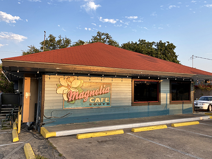 The iconic blue exterior of Magnolia Cafe stands out on South Congress like a delicious beacon of breakfast hope for hungry Austinites.