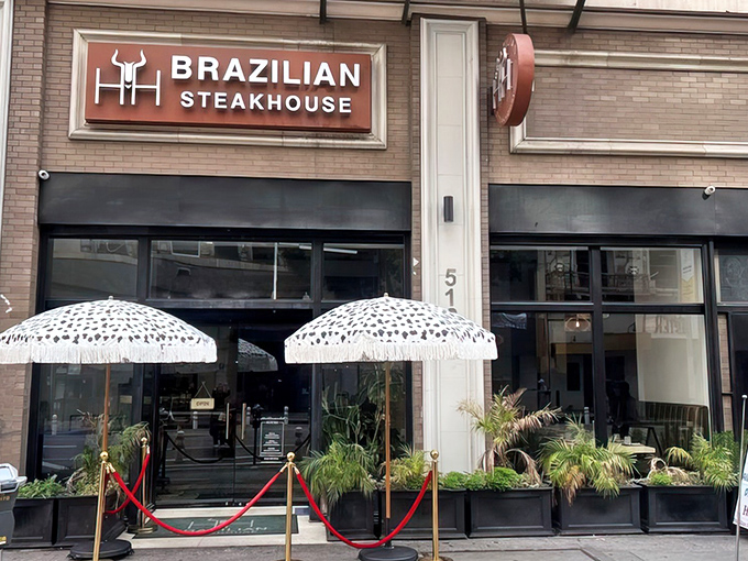 The red carpet treatment without the pretension. H&H's welcoming fa&ccedil;ade promises carnivorous delights behind those doors, with stylish umbrellas standing guard like meat sentinels.