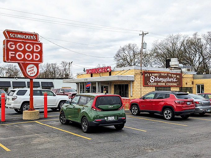 The sign says it all &ndash; "It's a Family Treat to Eat at Schmucker's." No flashy neon, no pretension, just a promise of good home cooking that's been kept since 1948.