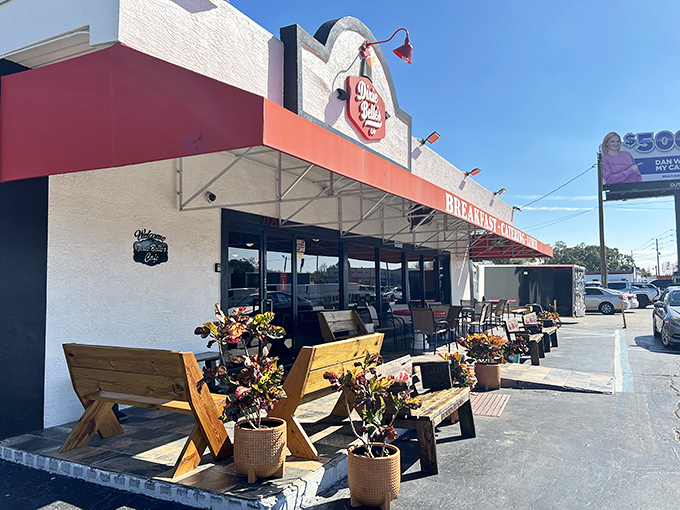 Dixie Belle's unassuming exterior hides culinary treasures within. Those wooden benches aren't just for show—they're recovery zones for post-biscuit bliss.