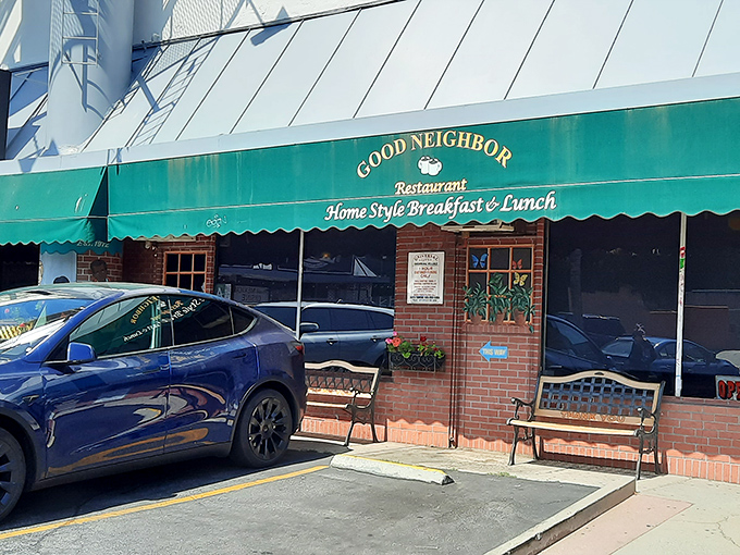 The iconic green awning of Good Neighbor Restaurant stands as a beacon of breakfast hope on Ventura Boulevard. No fancy frills, just the promise of honest food.