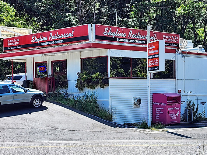 The red and white exterior of Skyline Restaurant stands like a beacon for burger enthusiasts, promising simple pleasures in a complicated world.