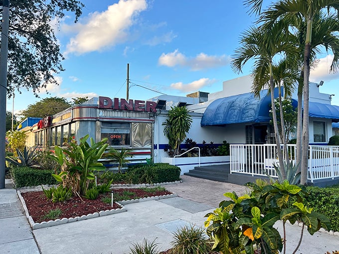 The classic diner silhouette against Florida's blue sky feels like a time machine with palm trees&mdash;nostalgic Americana meets tropical paradise.