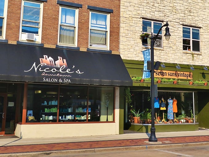 Downtown Eau Claire's charming storefronts invite you to wander and discover. Nicole's Salon sits beside Seven Suns Vintage like old friends catching up over coffee.