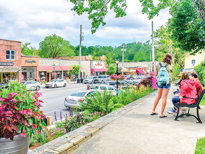 Main Street Blowing Rock welcomes visitors with its colorful flower displays and charming storefronts. Small-town magic with big mountain views. 
