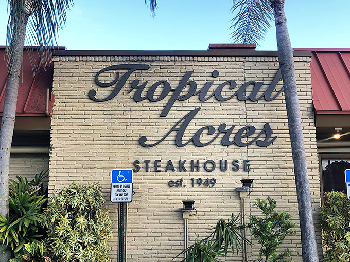 The iconic yellow brick facade of Tropical Acres Steakhouse stands as a time capsule of old Florida dining, palm trees standing guard like culinary sentinels.