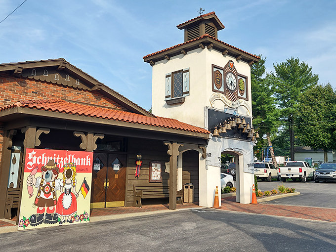 The storybook German architecture of Schnitzelbank stands proudly in Jasper, like a Bavarian postcard that somehow landed in Indiana's heartland. 