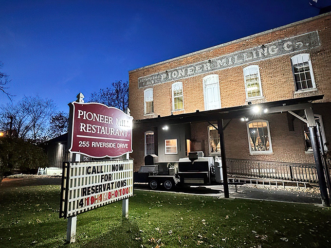 History you can taste! The iconic brick exterior of Pioneer Mill stands as a delicious time capsule in Tiffin, where flour-making heritage meets modern culinary magic.
