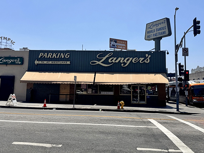 The iconic Langer's sign beckons like a lighthouse for the sandwich-starved. This unassuming exterior houses culinary treasures that have stood the test of time.