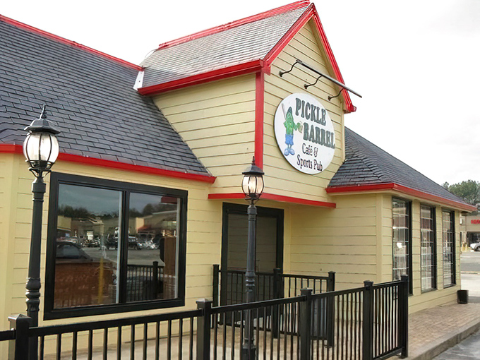 The cheerful pickle mascot welcomes you like an old friend. This tan façade houses culinary treasures that'll make your taste buds do a happy dance.