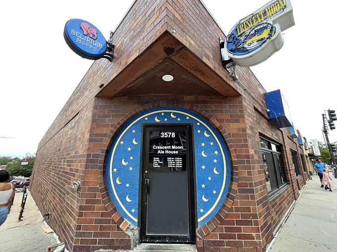 The iconic blue moon doorway beckons hungry travelers like a portal to sandwich paradise. Nebraska's culinary landmark hides in plain sight.