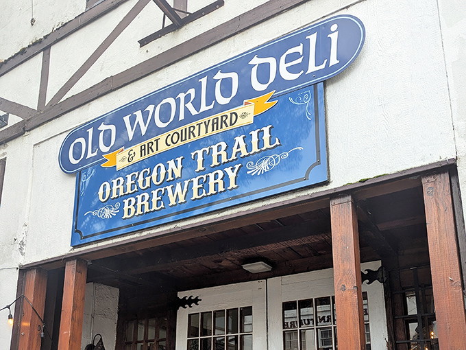 The Tudor-style facade of Old World Deli stands as a European oasis in downtown Corvallis, promising culinary adventures behind those wooden beams and white stucco walls.